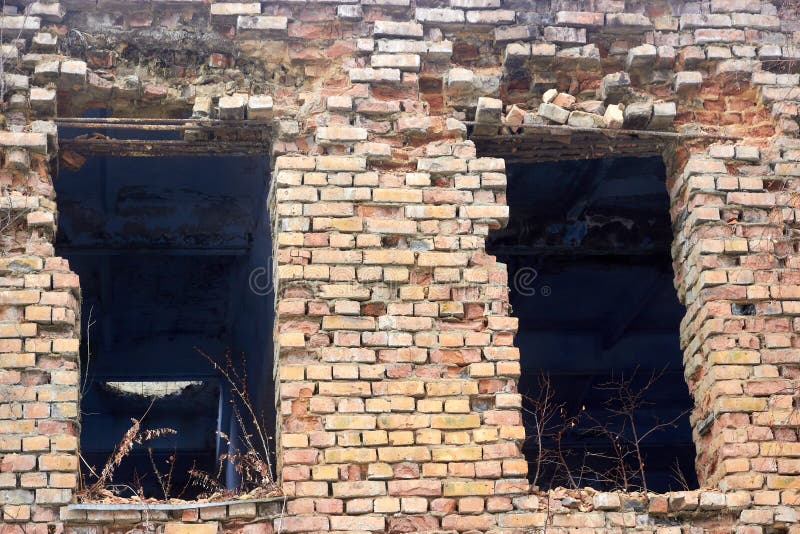 Old Abandoned Brick Building without Windows Frames and Crumbling ...