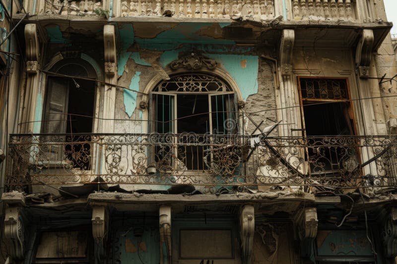 Old Abandoned Building with Damaged Facade and Broken Windows Stock ...