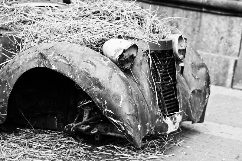 Old Abandoned Car with Hay on Engine Stock Photo - Image of overgrowth ...
