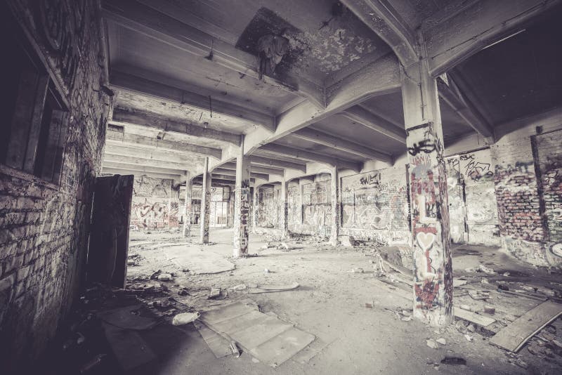 Abandoned Factory Hall and Burnt Ceiling Stock Photo - Image of inside ...