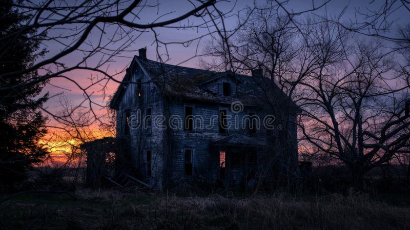 Abandoned Haunted House at Dusk with Eerie Sunset, Spooky Halloween ...