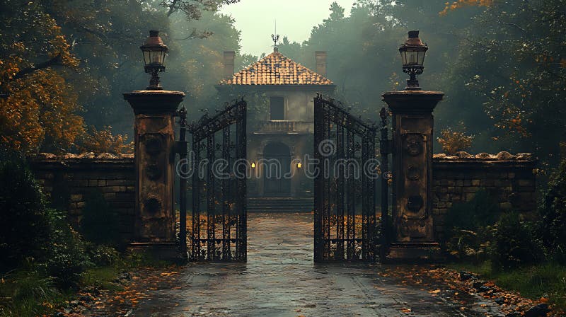 An Old, Abandoned House with a Stone Wall and Iron Gates in the Middle ...