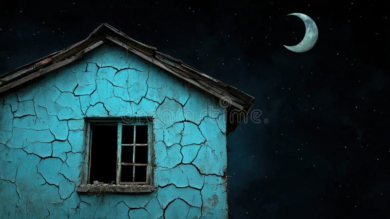 Old Abandoned House Under the Night Sky with a Crescent Moon and Stars ...