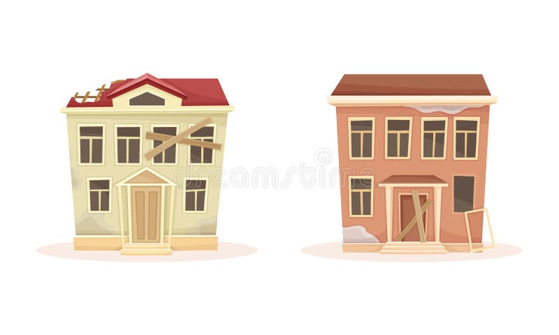 Old Abandoned Houses Set. Ruined Cottage Damaged of War, Earthquake or ... Old Abandoned Houses Set. Ruined Cottage Damaged of War, Earthquake or ...