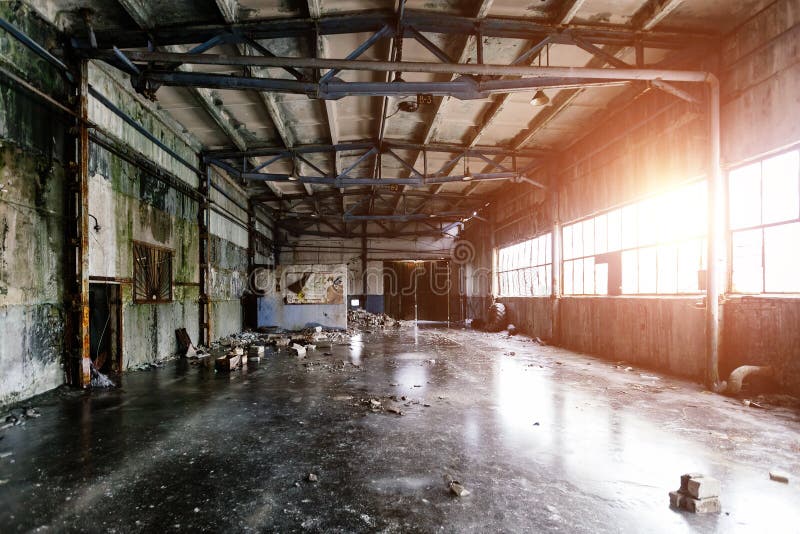 Old Abandoned Large Industrial Hall. Empty Warehouse Stock Image ...