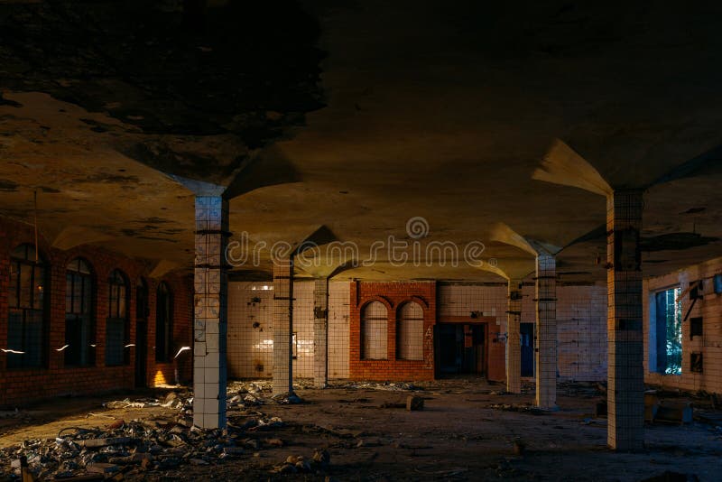 Old Abandoned Large Industrial Hall at Night Stock Image - Image of ...