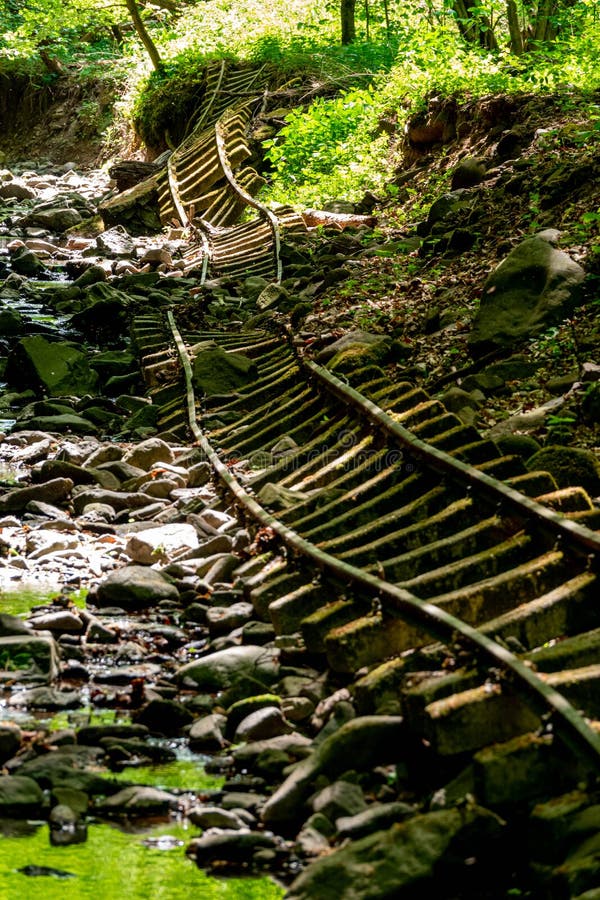 Old Abandoned Mining Train Rails in the Dark Forest Stock Image - Image ...