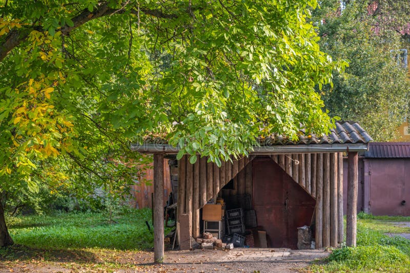 Old Abandoned Open Barn Made of Logs with Rubbish Under a Thick Green ...