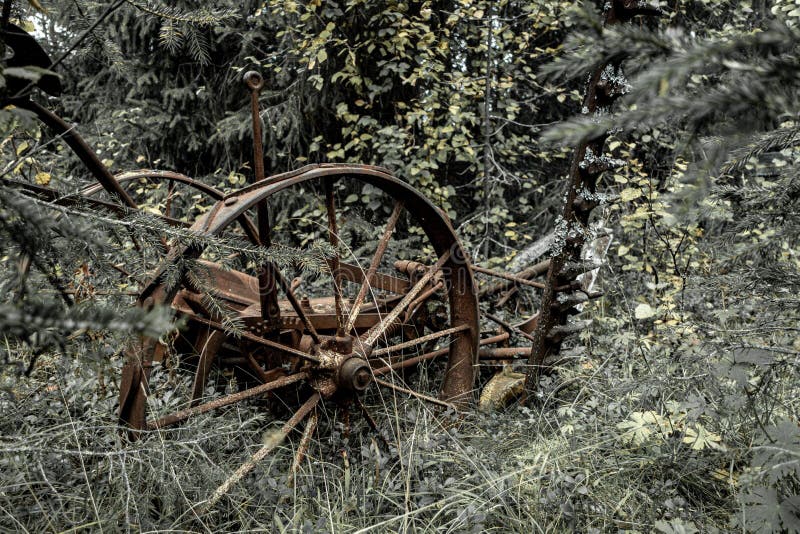 Old Abandoned Rural Machine with Wheels in the Forest Stock Image ...