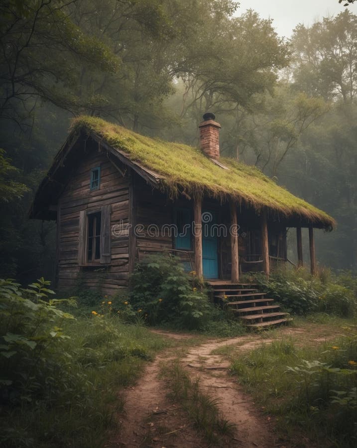 Old Abandoned Rustic Cottage in Misty Forest Path with Overgrown ...