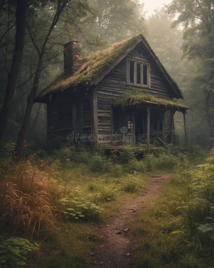 Old Abandoned Rustic Cottage in Misty Forest Path with Overgrown ...