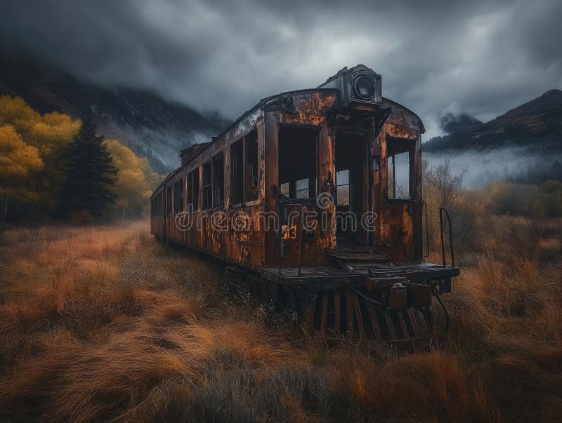 An Old, Abandoned Rusty Train in a Dense Dark Forest Stock Illustration ...