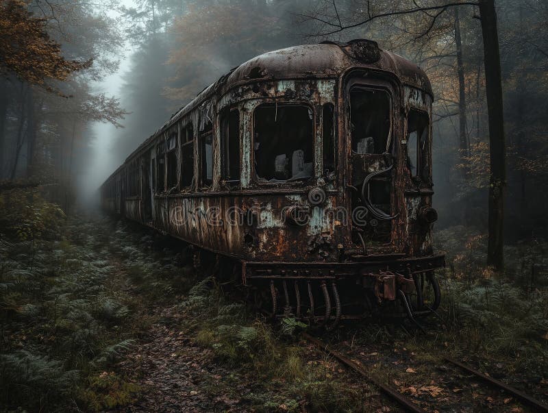 An Old, Abandoned Rusty Train in a Dense Dark Forest Stock Illustration ...