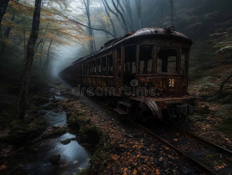 An Old, Abandoned Rusty Train in a Dense Dark Forest Stock Illustration ...