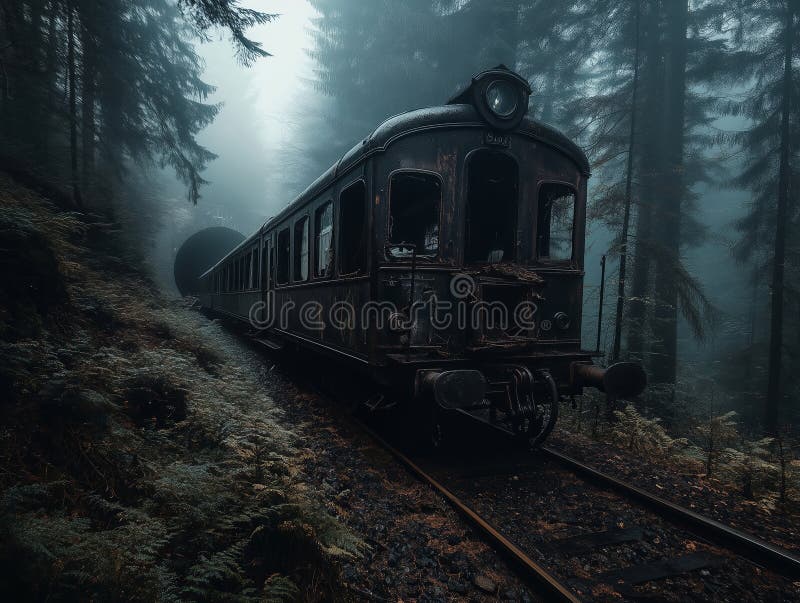An Old, Abandoned Rusty Train in a Dense Dark Forest Stock Illustration ...