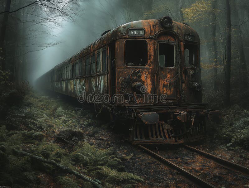 An Old, Abandoned Rusty Train in a Dense Dark Forest Stock Illustration ...