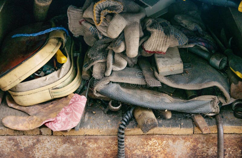 Abandoned Trash from Tools Lies on the Shelf of a Rusty Workbench Stock ...
