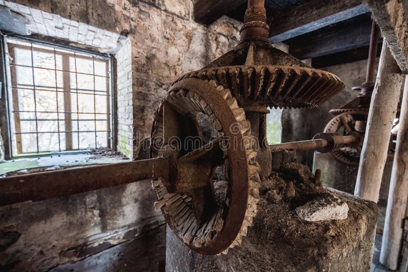 Old Abandoned Watermill Interior Stock Photo - Image of assemblies ...