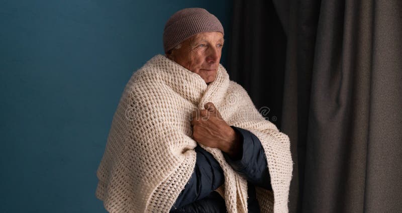 Old Aged Man Feeling Cold at Home with Home Heating Trouble. No Central ...