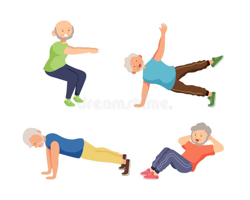 Old Aged People Doing Exercise in Cartoon Character Stock Illustration ...