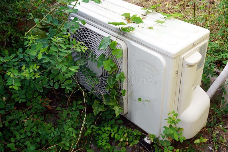 A Old Air Conditioner with Green Leaves with Bundle of Trees Wrapped on ...