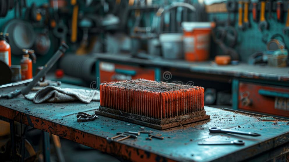 An Old Air Filter on a Workbench in a Workshop. Stock Photo - Image of ...