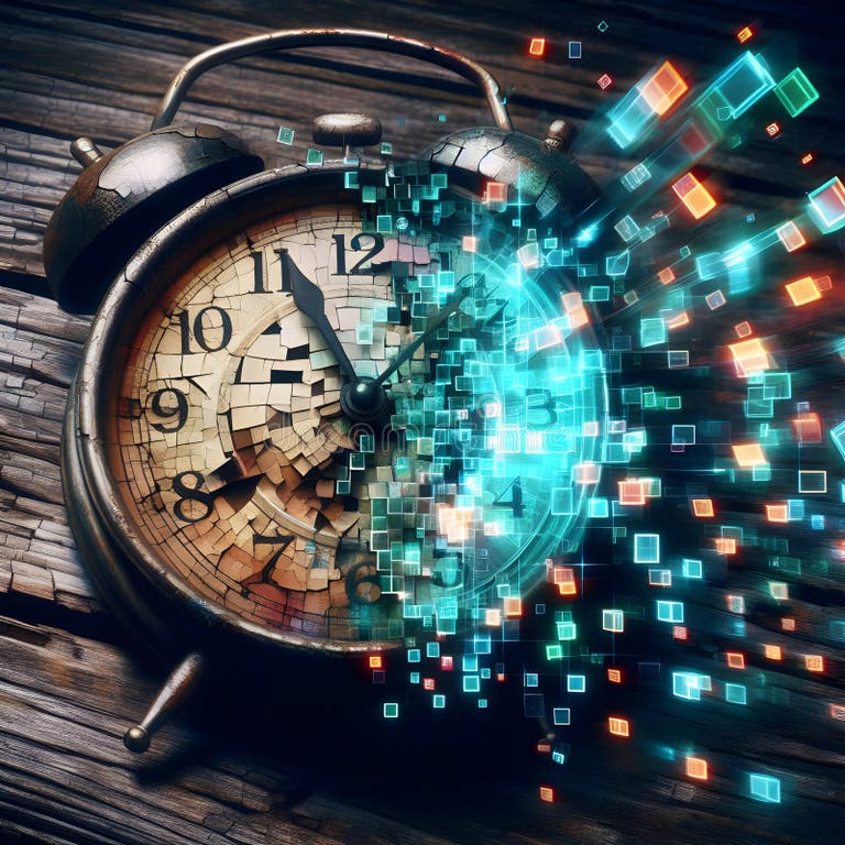 Old Alarm Clock Dissolving into Pixels Representing Passing of Time ...