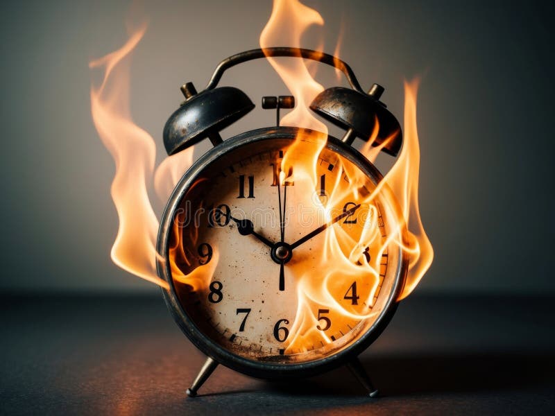 Old Alarm Clock with Flames Showing Time Passing Quickly. Stock Photo ...