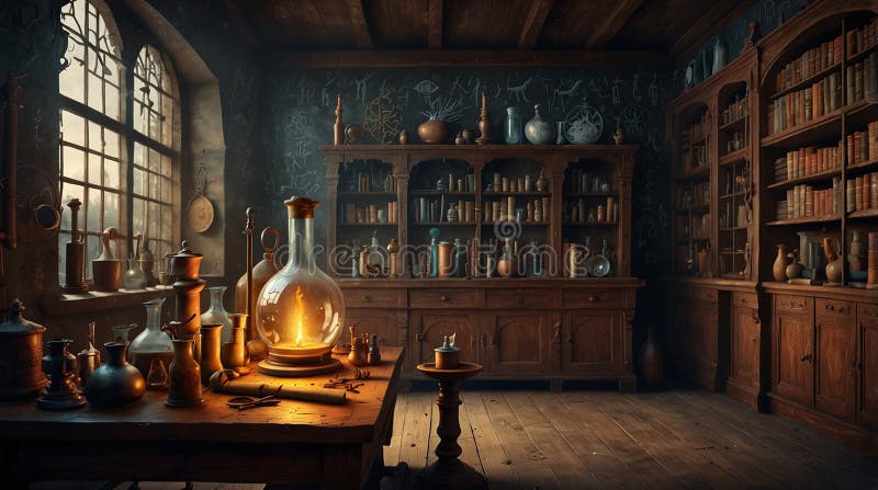 Old Alchemist S Lab Filled with Various Potions, Glassware, and ...