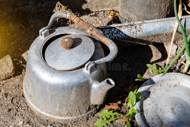 Old Aluminum Kettle Near the Garage Outdoors Stock Image - Image of ...