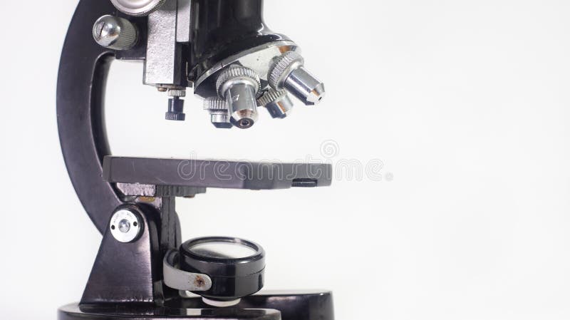 Old Analog Microscope, Mirror on White Background with Copy Space Stock ...