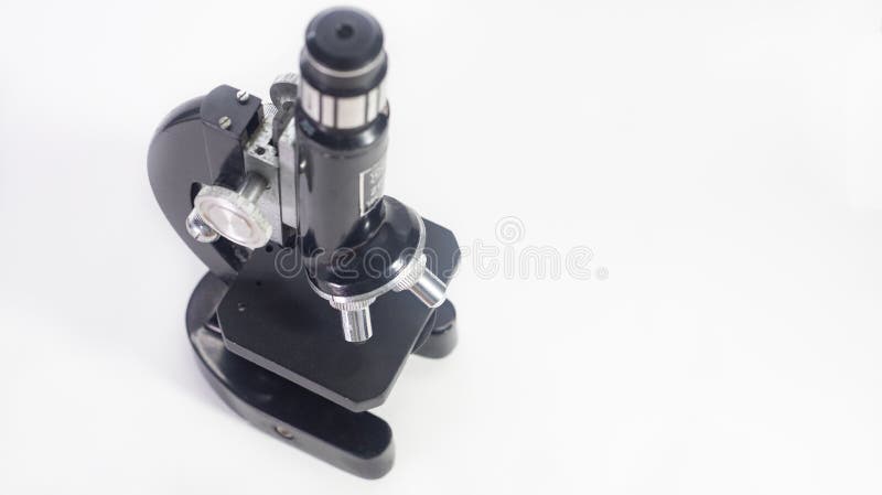 Old Analog Microscope, Mirror on White Background with Copy Space Stock ...
