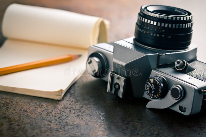 Old Analogue Camera and Notepad Stock Image - Image of camera, grunge ...