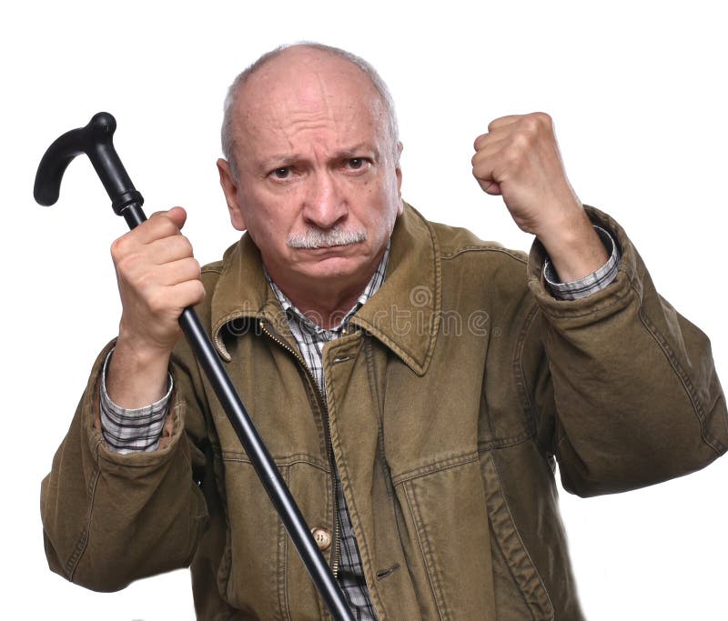 Old Angry Man Threatening with a Cane in Studio Stock Image - Image of ...