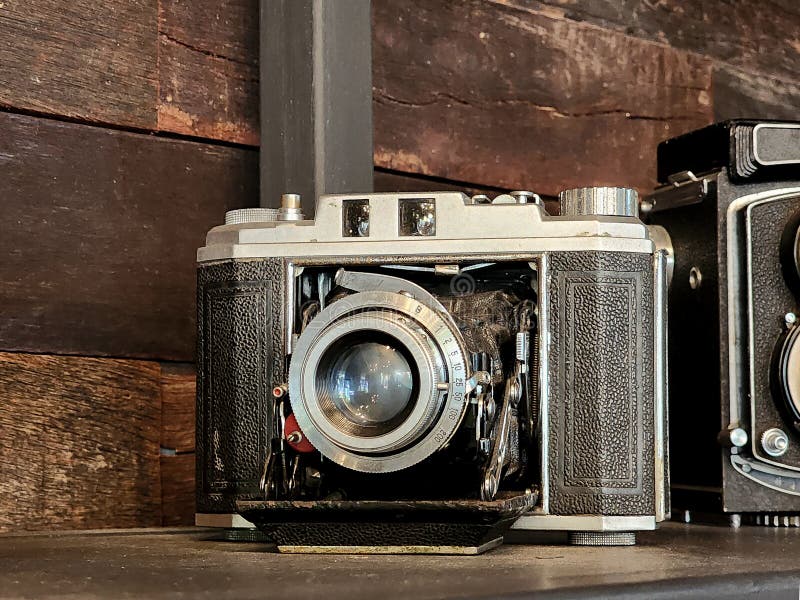 Old Antique Camera the Collection is Placed on Wooden Shelf Stock Image ...