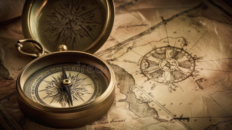Old Antique Compass on a Paper Map. Generative AI Stock Illustration ...