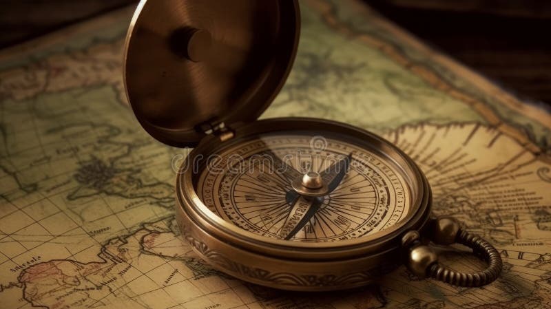 Old Antique Compass on a Paper Map. Generative AI Stock Illustration ...