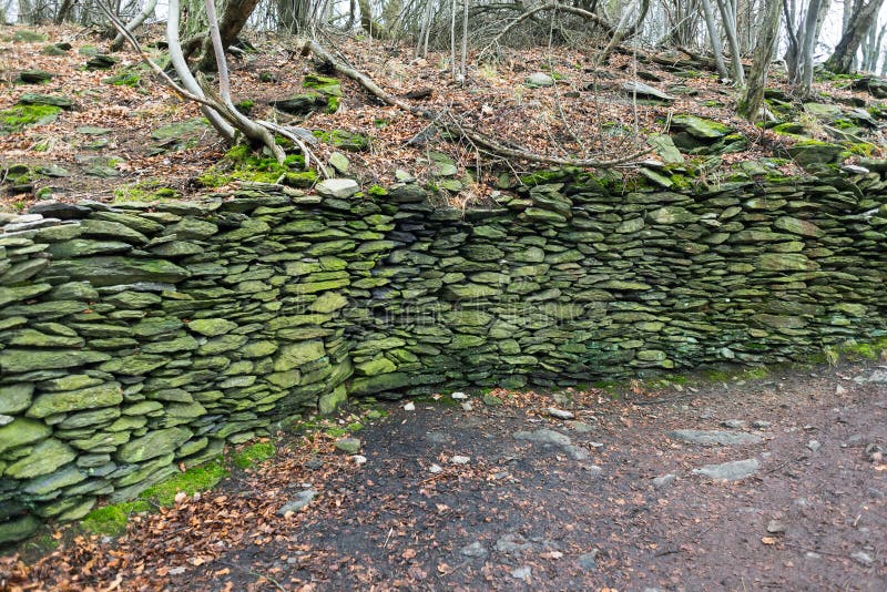 Old Antique Forest Fortification Wall Stacked Stones Stock Image ...