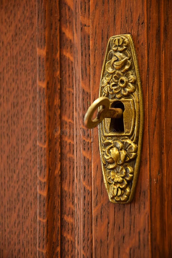 Old Antique Key in Lock of Wooden Cabinet Stock Photo - Image of ...