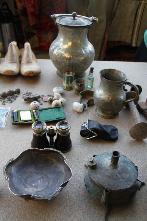 Old Antique Objects at Bazaar on Sale Stock Photo - Image of gift ...