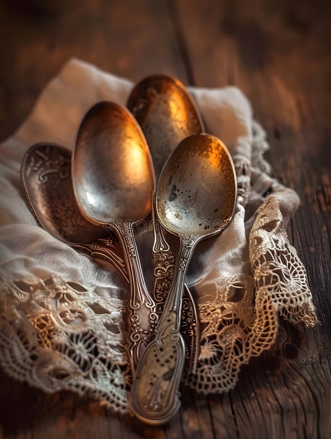 Ancient Vintage Spoons Deco Silverwave Kitchen Utensils Stock ...