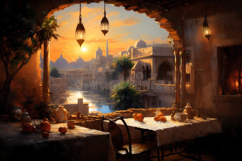 An Old Arabic Restaurant. Oil Painting in Impressionism Style Stock ...