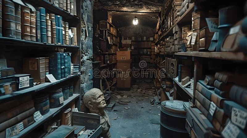 Old Archive Room with Dark Shelves of Artifacts Stock Illustration ...