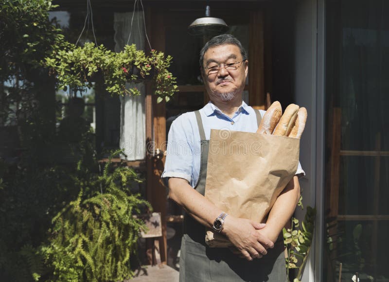 Old Asian Guy with Baked Goods Paper Bag Stock Image - Image of knead ...