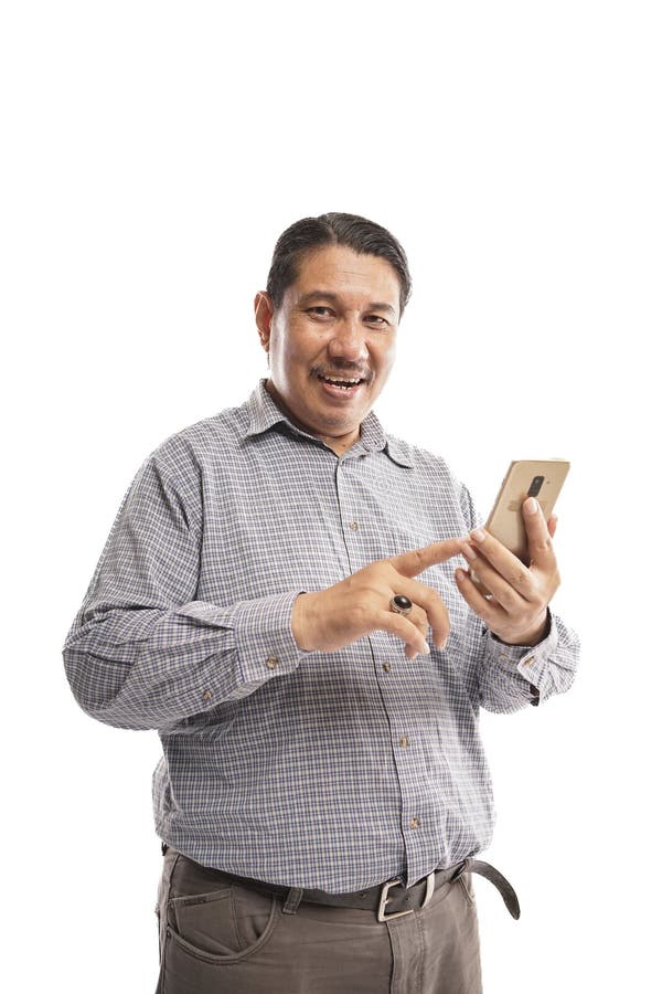 Old Asian Man Using Handphone with Smiling Face in White Background ...