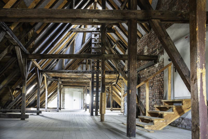 An old attic of a house stock photo. Image of stairs - 378587344