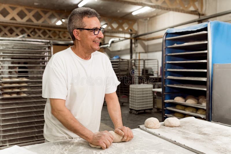 Old Authentic Baker in Bakery Making Organic Bread and Taking Care of ...