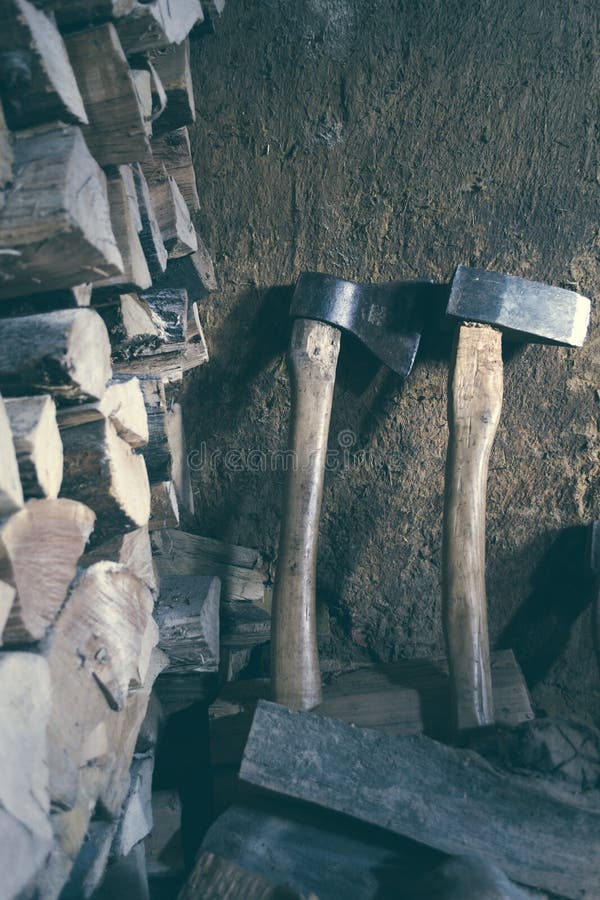 Old ax on background wall stock image. Image of hack - 85903971