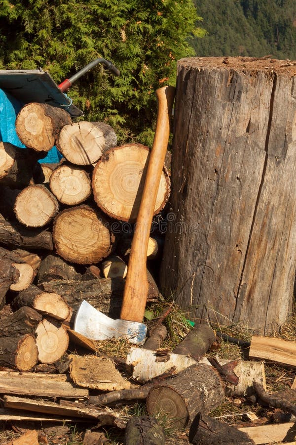 Old Ax on Log and Firewood. Axe Cut into Wood after Chopping Firewood ...