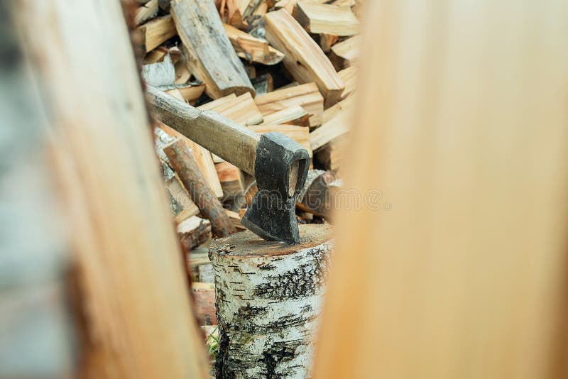 An Old Ax in the Wood. Column of Dry Wood Stock Photo - Image of column ...